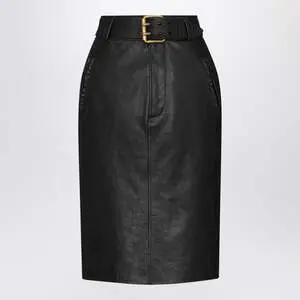 Saint Laurent Crinkled Calfskin Belted Pencil Skirt - Black