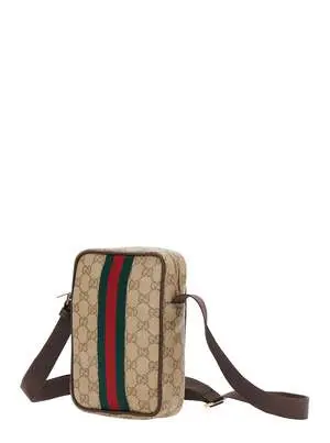 Gucci Beige Crossbody Bag With Web Stripe And Adjustable Strap In Gg Canvas For