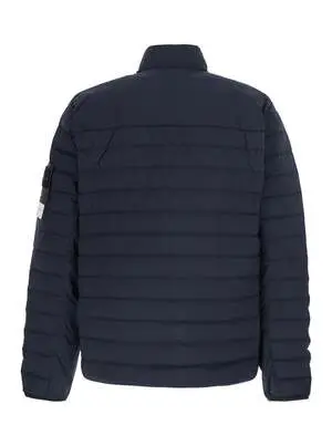 Stone Island Blue High Collar Down Jacket With Logo Patch On Sleeve In Tech Fabric For