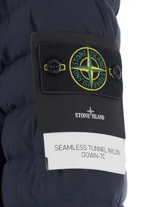 Stone Island Blue High Collar Down Jacket With Logo Patch On Sleeve In Tech Fabric For