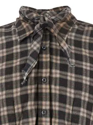 Dsquared2 X Magliano' Brown Shirt With Tie Detail On The Front And All-over Check Motif In Cotton