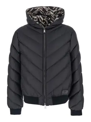 Fendi Reversible Puffer Jacket With Hood And Logo Patch On Front In Black Tech Fabric For - Multicolor