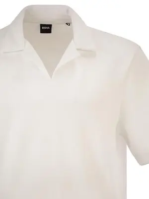 BOSS Textured Cotton Polo Shirt With Open Collar - White