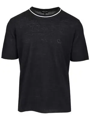 Giorgio Armani Crew Neck Sweater In Linen And Silk - Blue