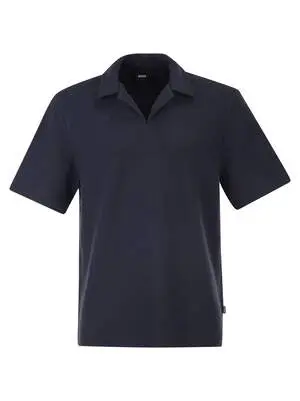 BOSS Textured Cotton Polo Shirt With Open Collar - Blue