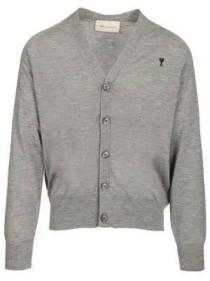 AMI Paris V-neck Wool Cardigan - Gray