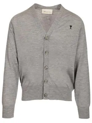 AMI Paris V-neck Wool Cardigan - Gray
