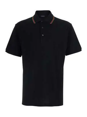 Gucci Polo Shirt With Web Collar And Short Sleeves In Cotton For - Black