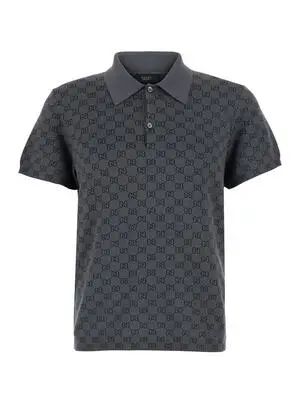 Gucci Gray Polo. Shirt With Classic Collar And All-over Gg Logo In Wool And Silk For - Multicolor