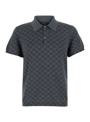 Gucci Gray Polo. Shirt With Classic Collar And All-over Gg Logo In Wool And Silk For - Multicolor