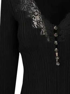 SELF-PORTRAIT Ribbed Knit Top With Lace Trim