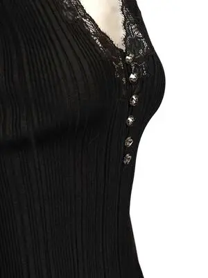 SELF-PORTRAIT Ribbed Knit Top With Lace Trim