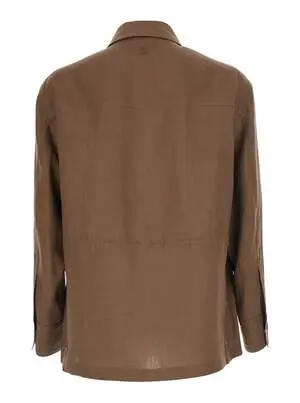 Fendi Brown Jacket With Classic Collar And Four Patch Pockets On The Front In Linen For