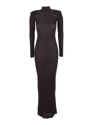 SELF-PORTRAIT Brown Turtleneck Long Dress With Shoulder Pads In Viscose - Multicolor