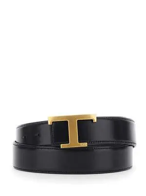 TOD'S Black Belt With T Buckle In Smooth Leather For - Multicolor