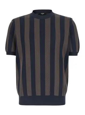 Fendi Blue Crew Neck T-shirt With All-over Striped Motif In Cotton And Silk For - Multicolor