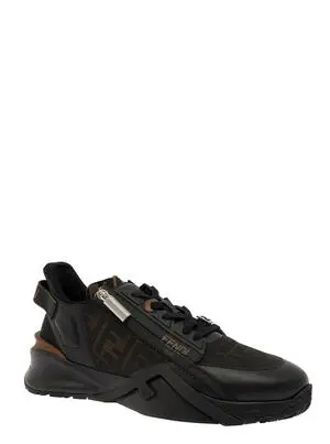 Fendi Low Sneakers Flow' With Diagonal F Detail In Fabric - Black