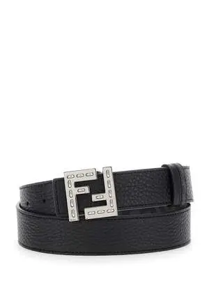 Fendi Belt With Ff Logo Plate In Metallic And Black Grained Leather For - Multicolor