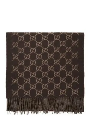 Gucci Scarf 'gg' With All-over Motif And Fringed Edge In For - Brown