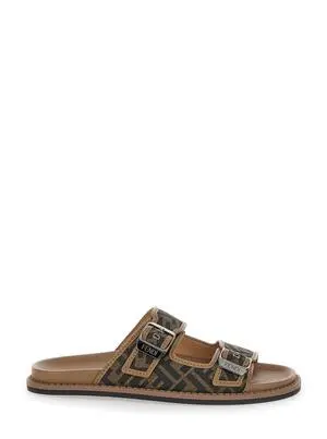 Fendi Brown Leather Feel' Ff Print Sandal For - Multicolor