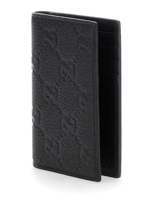 Gucci Bi-fold Wallet With Vertical Design In Grained Gg Leather Black
