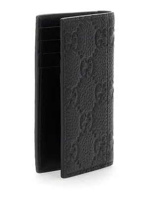Gucci Bi-fold Wallet With Vertical Design In Grained Gg Leather Black