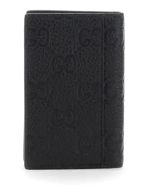 Gucci Bi-fold Wallet With Vertical Design In Grained Gg Leather Black