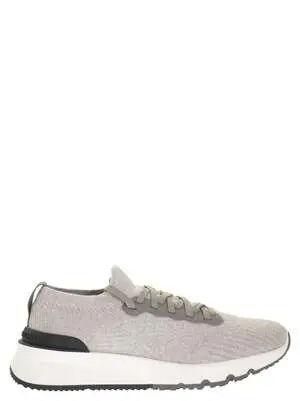 Brunello Cucinelli Cotton Knit And Semi-glossy Calf Leather Sneakers - Multicolor