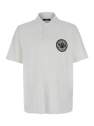 Balmain White Polo Shirt With Collar And Coin Print On The Front In Cotton - Multicolor