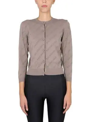 Balenciaga Allover Logo Cropped Cardigan - Cream