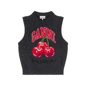 GANNI Sleeveless Knit Cherry Detail Tank - Gray