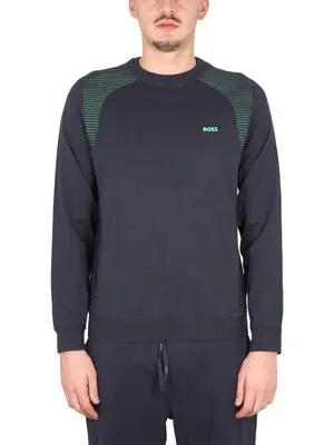 BOSS Crew Neck Striped Logo Sweater - Blue