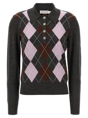 SELF-PORTRAIT Grey Argyle Lightweight' Sweater - Gray