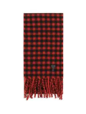 AMI Paris De Coeur Checked Wool Scarf - Red