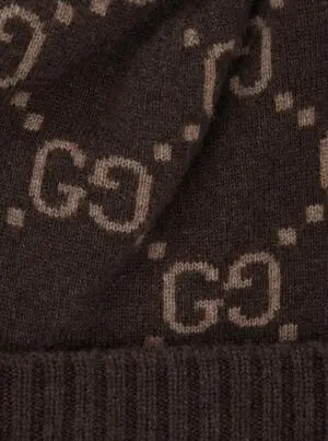 Gucci Cashmere Gg Jacquard Beanie - Brown