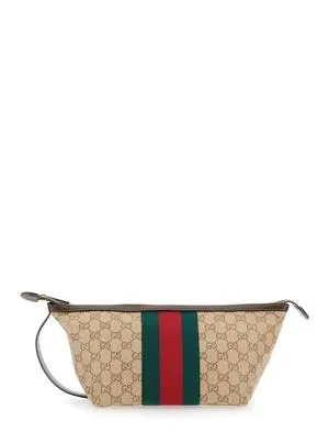 Gucci Beige Clutch With Wrist Strap And Web Stripe In Gg Canvas For - Multicolor