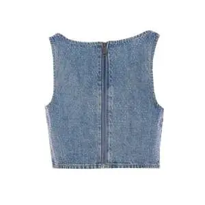 SELF-PORTRAIT Rhinestone Denim Crop Top