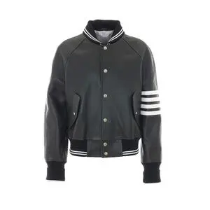 Thom Browne Oversized Leather Bomber With 4-bar - Black