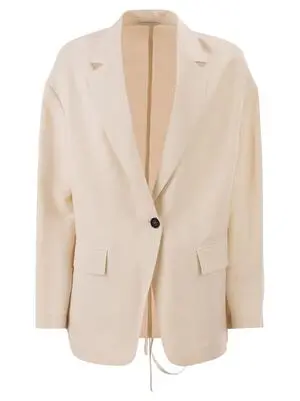 Brunello Cucinelli Fluid Viscose And Linen Twill Jacket With Jewellery - Cream