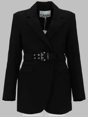 GANNI Blazer In Crepe Con Cintura - Black