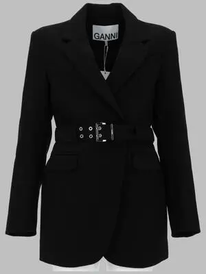 GANNI Blazer In Crepe Con Cintura - Black
