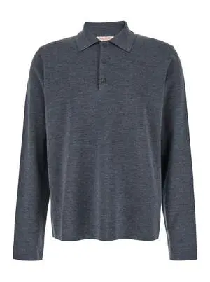 Valentino Garavani Grey Polo Shirt With Classic Collar And Long Sleeves In Wool