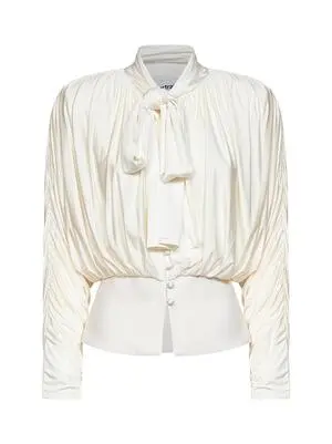 SELF-PORTRAIT SELF-PORTRAIT Jersey Gathered Tie Neck Top Multicolor