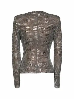 SELF-PORTRAIT Grey Rhinestone-embellished Mesh Wrap Top