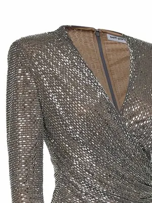 SELF-PORTRAIT Grey Rhinestone-embellished Mesh Wrap Top