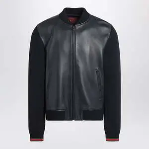 Gucci Navy Nappa Leather And Knit Bomber Jacket - Blue