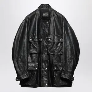 Prada Antiqued Leather Pea Coat - Black