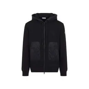 Moncler Quilted Panel Zip Up Hooded Sweatshirt - Black