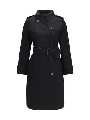 Burberry Long Gabardine Trench Coat With Check Collar - Black