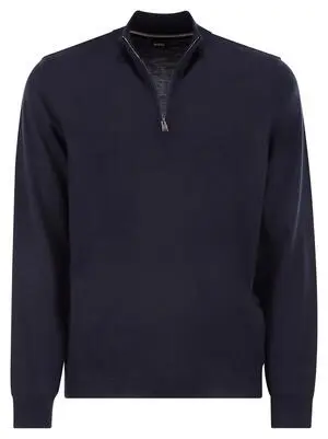 BOSS Virgin Wool Jumper With Zip Collar - Blue